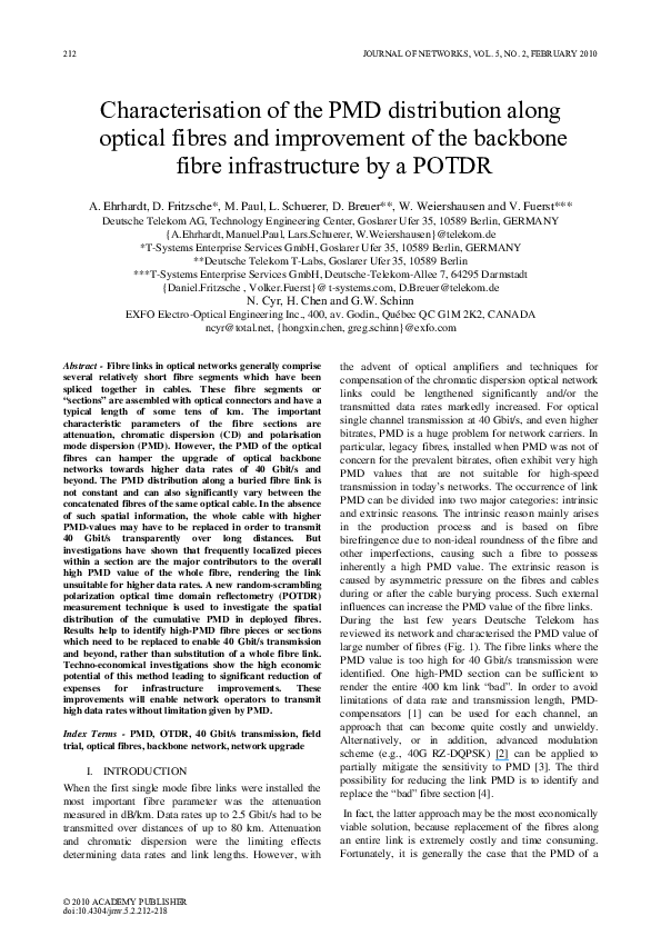 (PDF) Characterisation of the PMD Distribution along Optical Fibres and ...