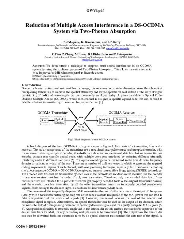 Pdf Reduction Of Multiple Access Interference In A Ds Ocdma System