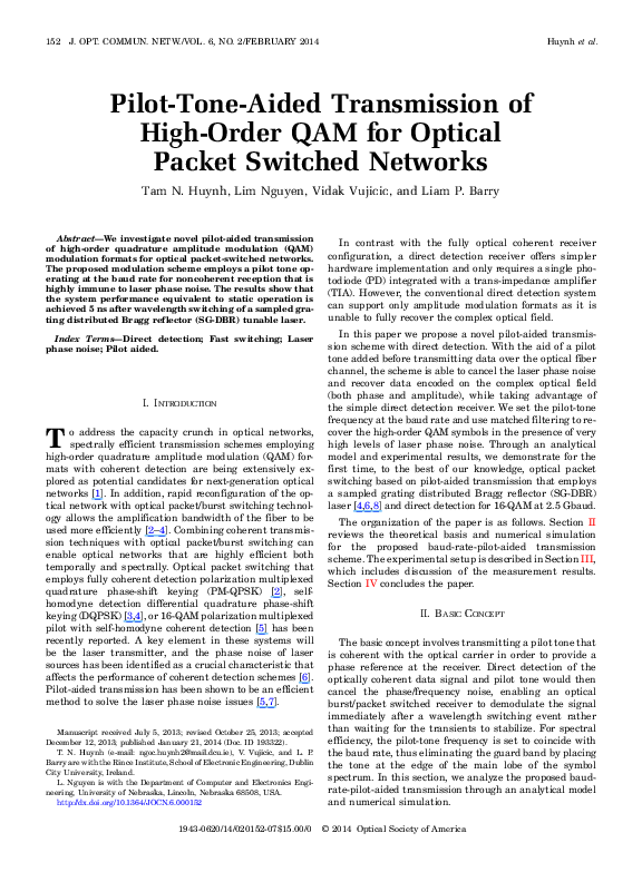 (PDF) Pilot-Tone-Aided Transmission of High-Order QAM for Optical Packet Switched Networks