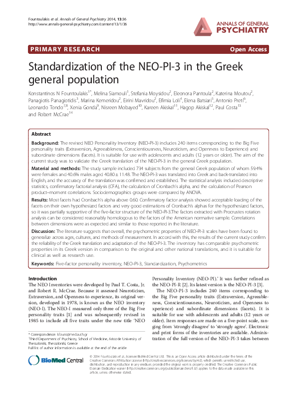 (PDF) Standardization of the NEO-PI-3 in the Greek general population