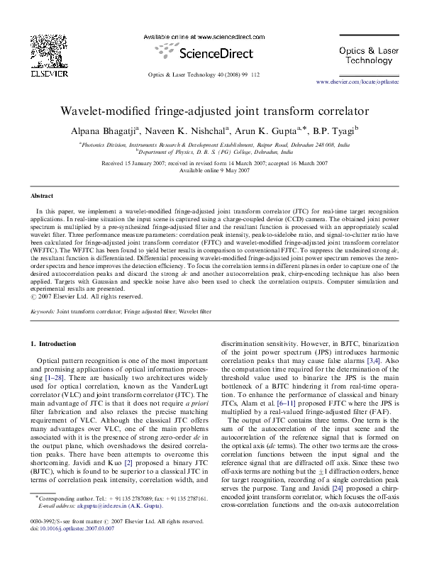 (PDF) Wavelet-modified fringe-adjusted joint transform correlator