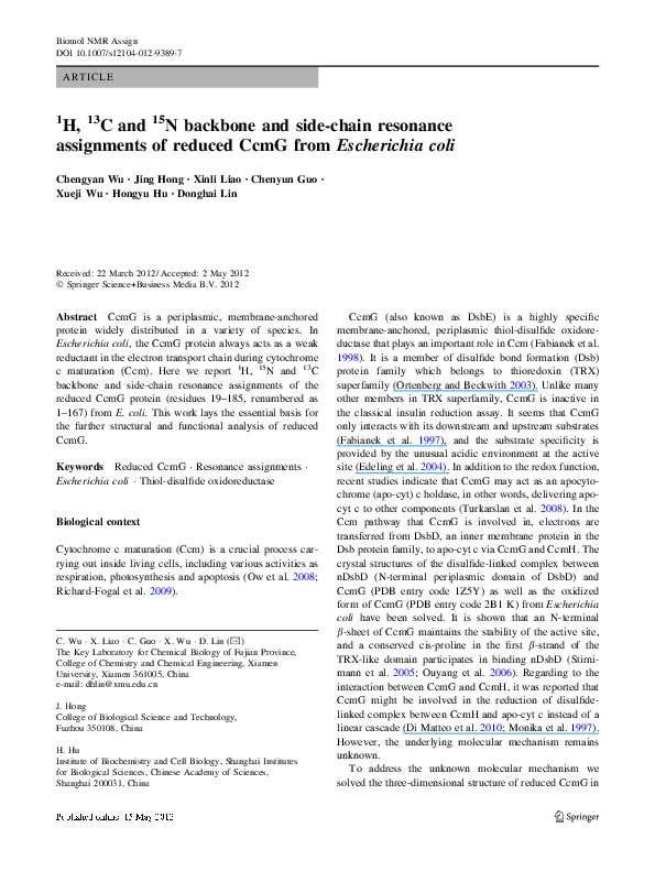 (PDF) 1H, 13C and 15N backbone and side chain resonance assignments of human halo S100A1
