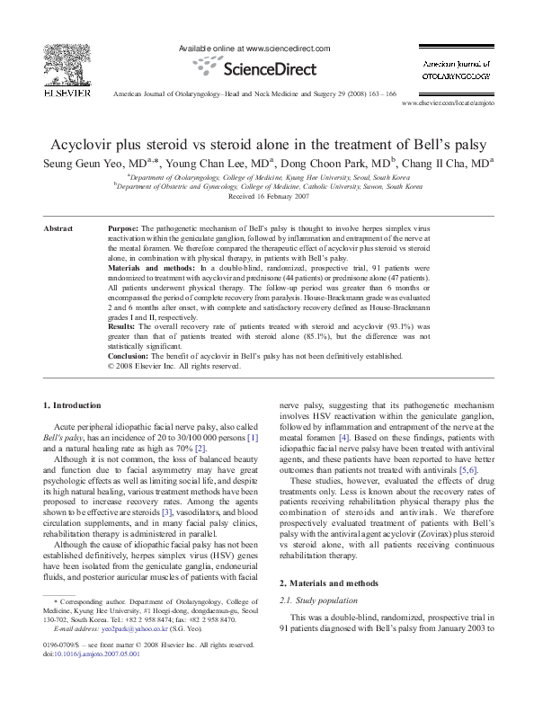 (PDF) Acyclovir plus steroid vs steroid alone in the treatment of Bell ...