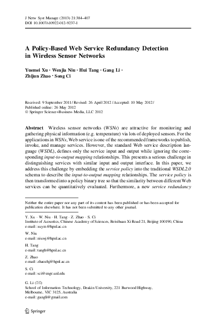 (PDF) A Policy-Based Web Service Redundancy Detection in Wireless Sensor Networks
