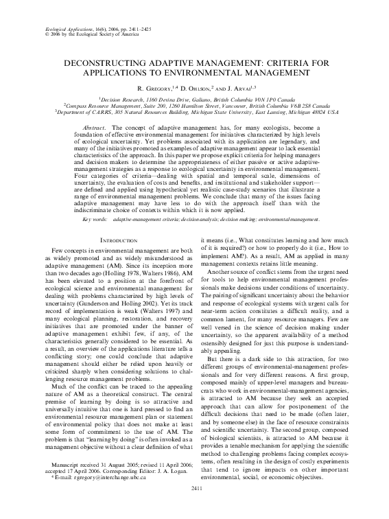 (PDF) Deconstructing Adaptive Management: Criteria for Applications to Environmental Management