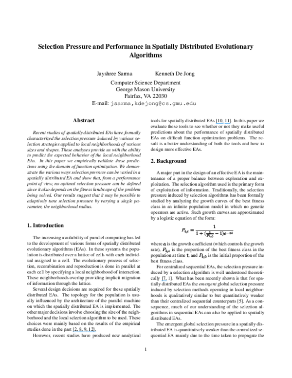 (PDF) Selection pressure and performance in spatially distributed evolutionary algorithms