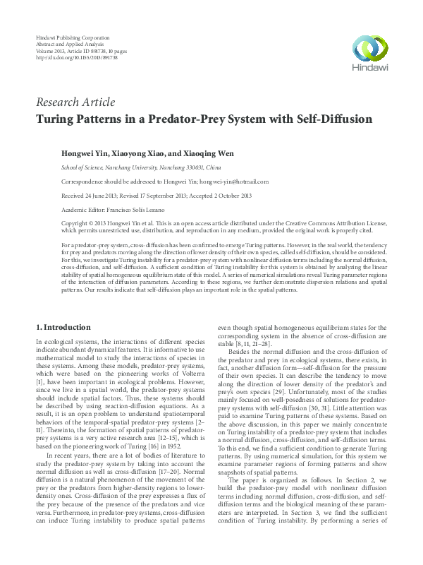 Pdf Turing Patterns In A Predator Prey System With Self Diffusion