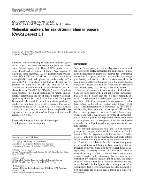Pdf Molecular Markers For Sex Determination In Papaya Carica Papaya L