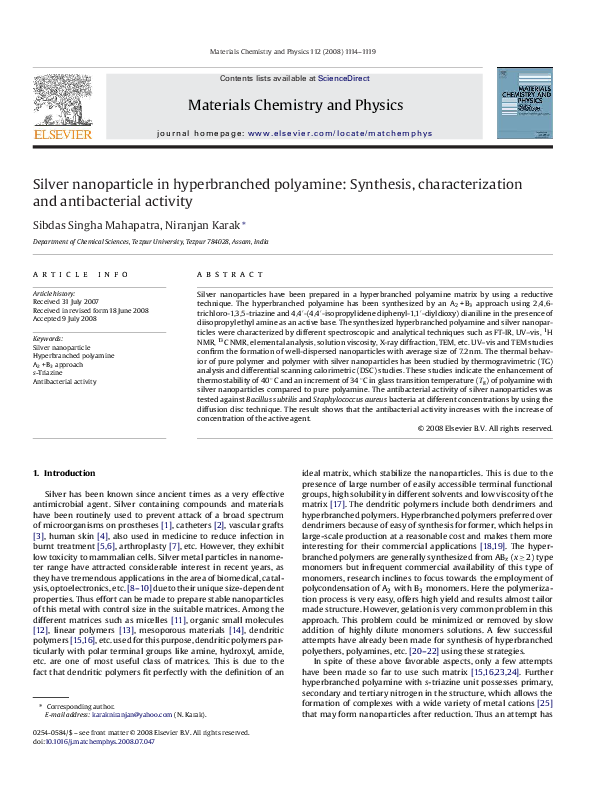 (PDF) Silver nanoparticle in hyperbranched polyamine: Synthesis, characterization and ...