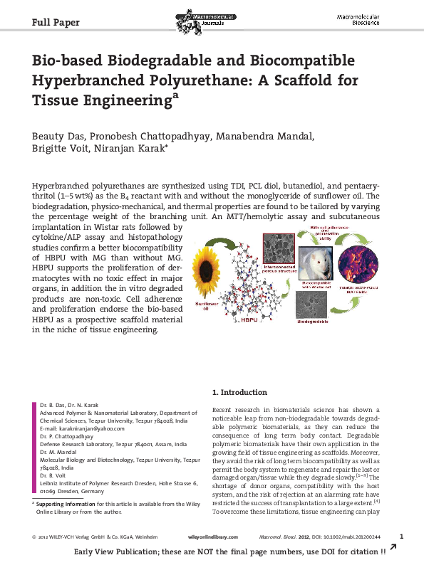 (PDF) Bio-based Biodegradable and Biocompatible Hyperbranched Polyurethane: A Scaffold for ...