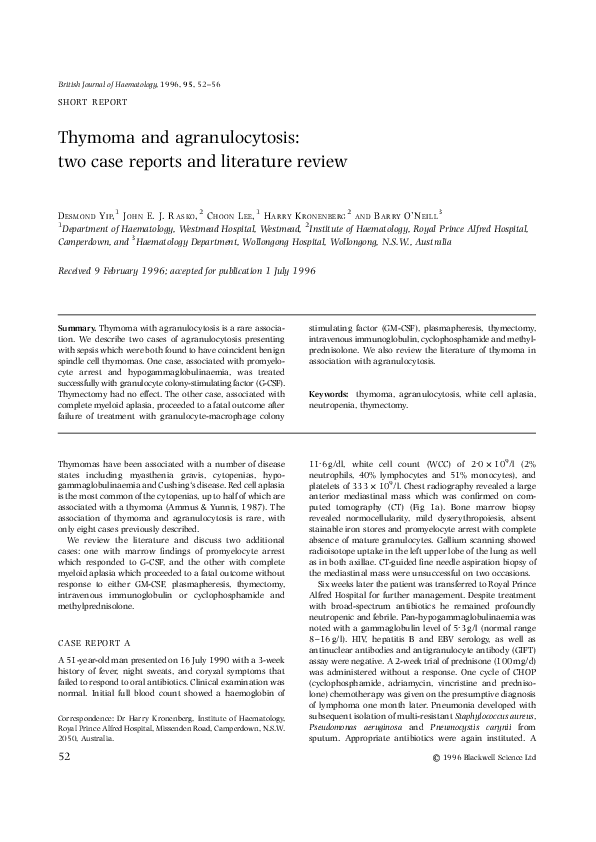 (PDF) Thymoma and agranulocytosis: two case reports and literature review