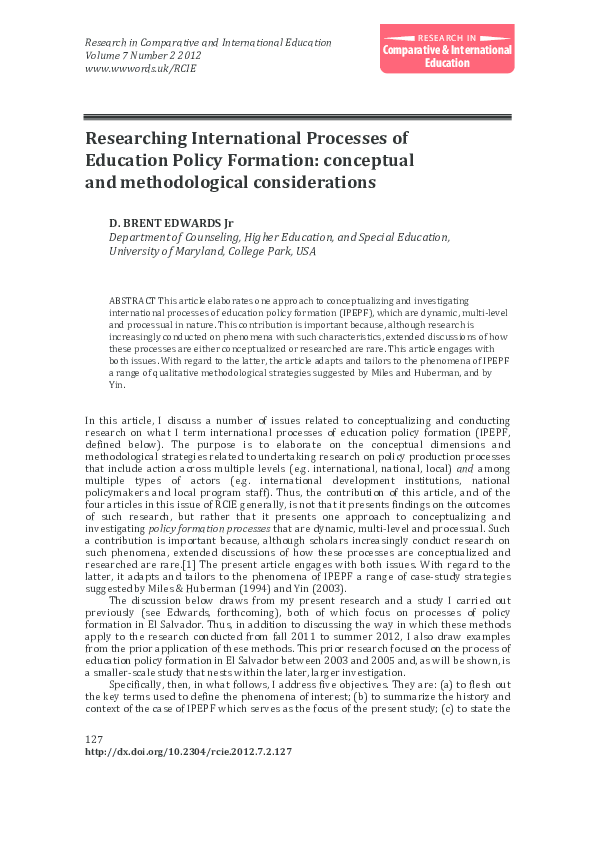 (PDF) Researching International Processes of Education Policy Formation: Conceptual and ...
