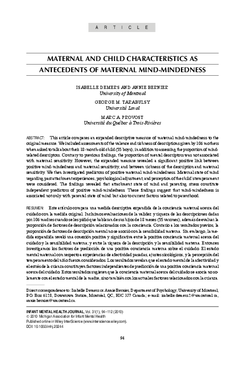 (PDF) Maternal and child characteristics as antecedents of maternal ...