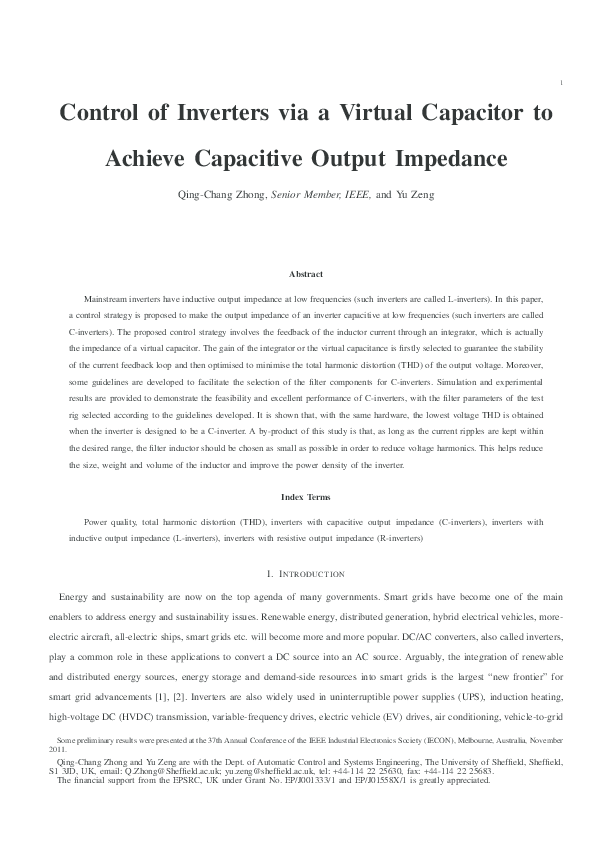 (PDF) Control of Inverters via a Virtual Capacitor to Achieve ...