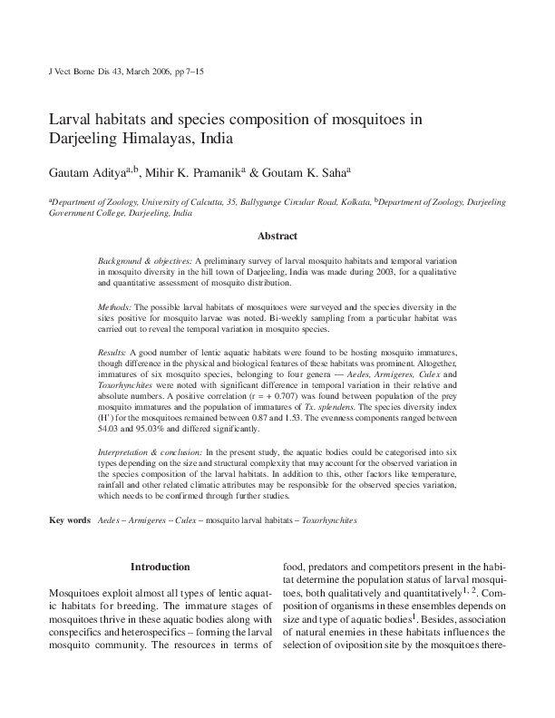 (PDF) Larval habitats and species composition of mosquitoes in Darjeeling Himalayas, India