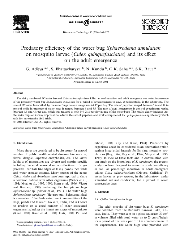 (PDF) Predatory efficiency of the water bug Sphaerodema annulatum on ...