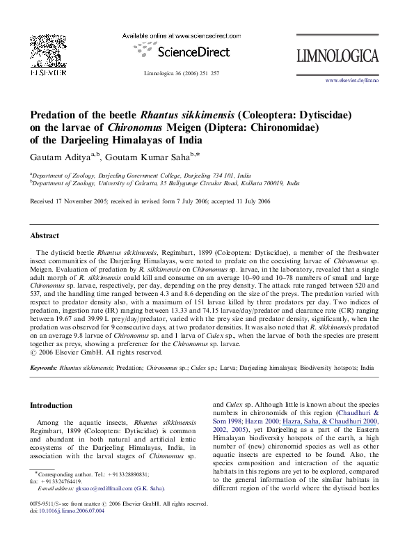 (PDF) Predation of the beetle Rhantus sikkimensis (Coleoptera ...