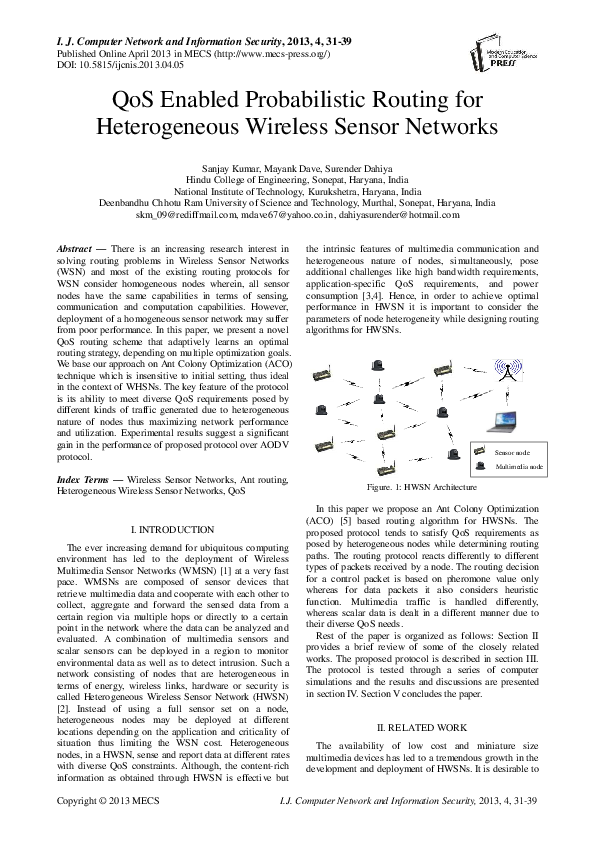 (PDF) QoS Enabled Probabilistic Routing for Heterogeneous Wireless Sensor Networks