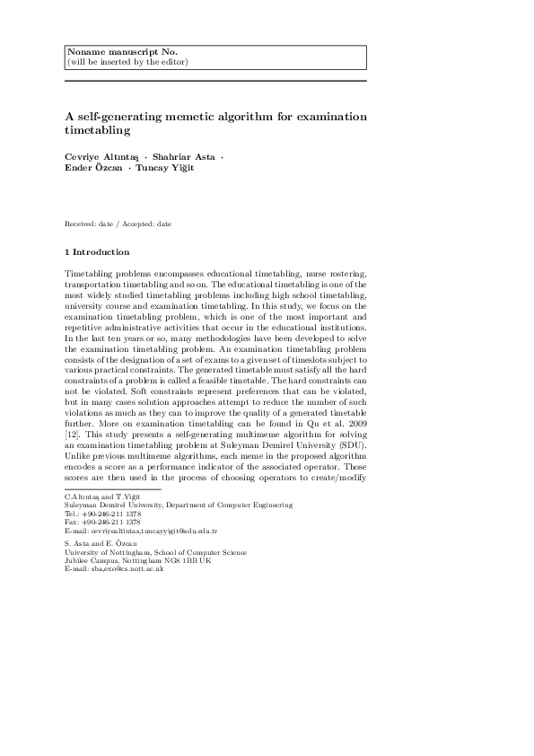 Pdf A Self Generating Memetic Algorithm For Examination Timetabling