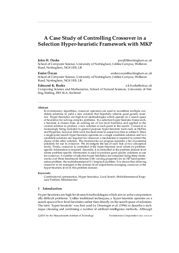 (PDF) A Case Study of Controlling Crossover in a Selection Hyper-heuristic Framework using the ...