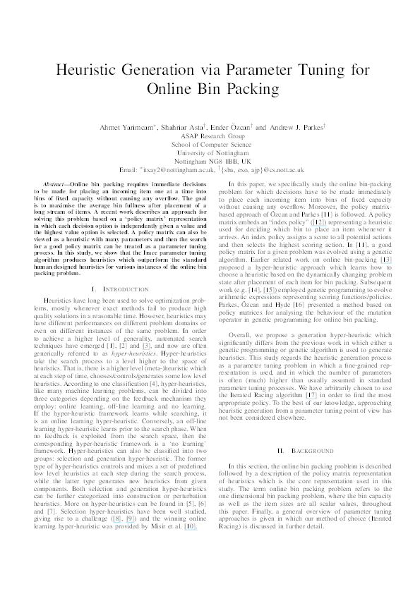 (PDF) Heuristic generation via parameter tuning for online bin packing