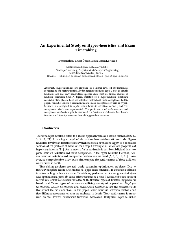 (PDF) An experimental study on hyper-heuristics and exam timetabling