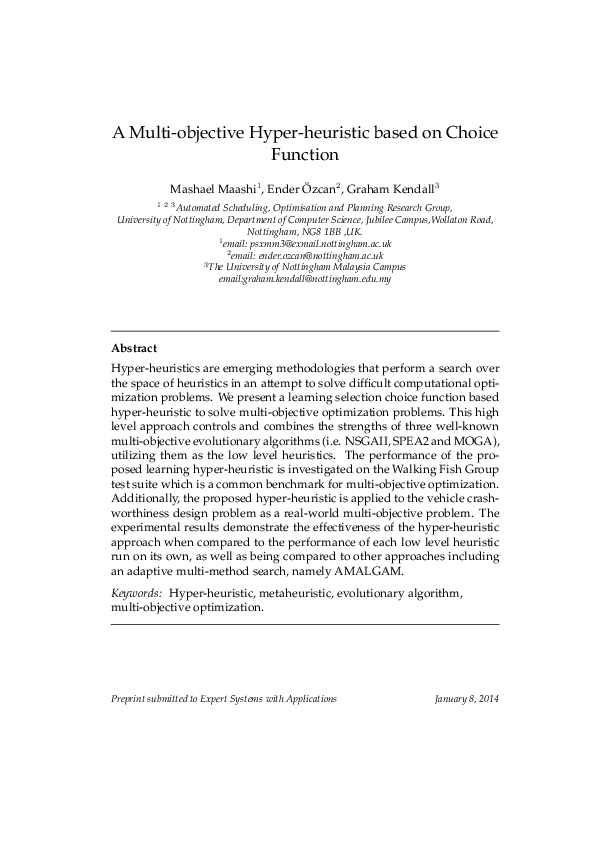 Pdf A Multi Objective Hyper Heuristic Based On Choice Function