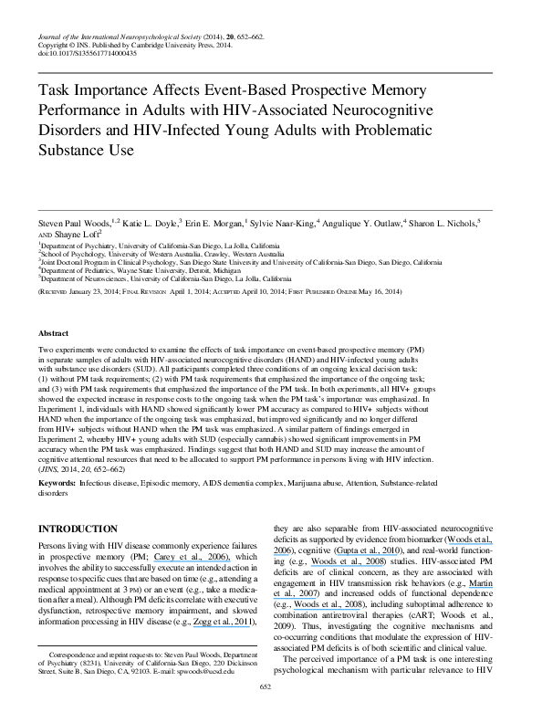 (PDF) Task Importance Affects Event-Based Prospective Memory Performance in Adults with HIV ...