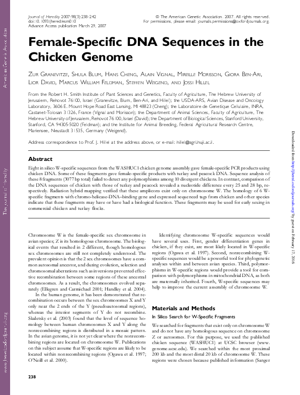(PDF) Female-Specific DNA Sequences in the Chicken Genome