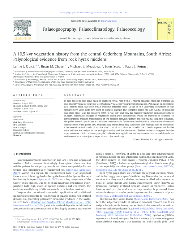 (PDF) A 19.5kyr vegetation history from the central Cederberg Mountains ...