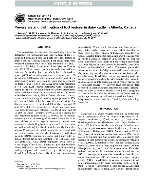 (PDF) Prevalence and distribution of foot lesions in dairy cattle in ...
