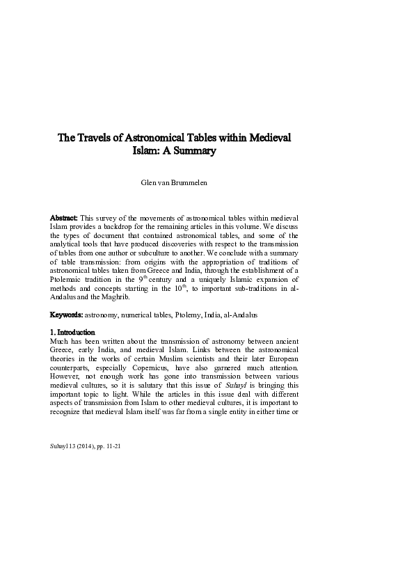 (PDF) The Travels of Astronomical Tables within Medieval Islam: A Summary