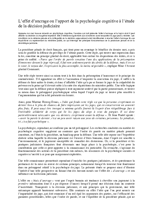 (PDF) L’effet d’ancrage ou l’apport de la psychologie cognitive à l’étude de la décision judiciaire