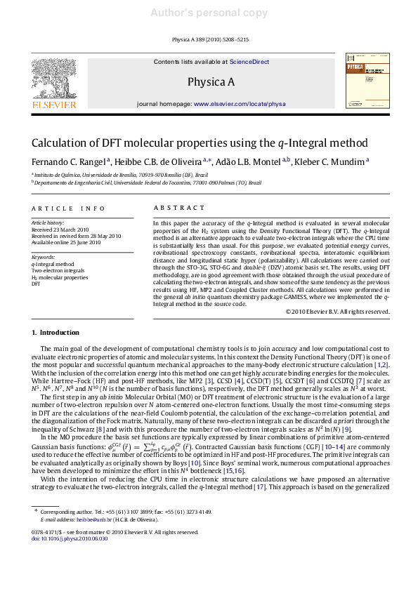 (PDF) Calculation of DFT molecular properties using the -Integral method