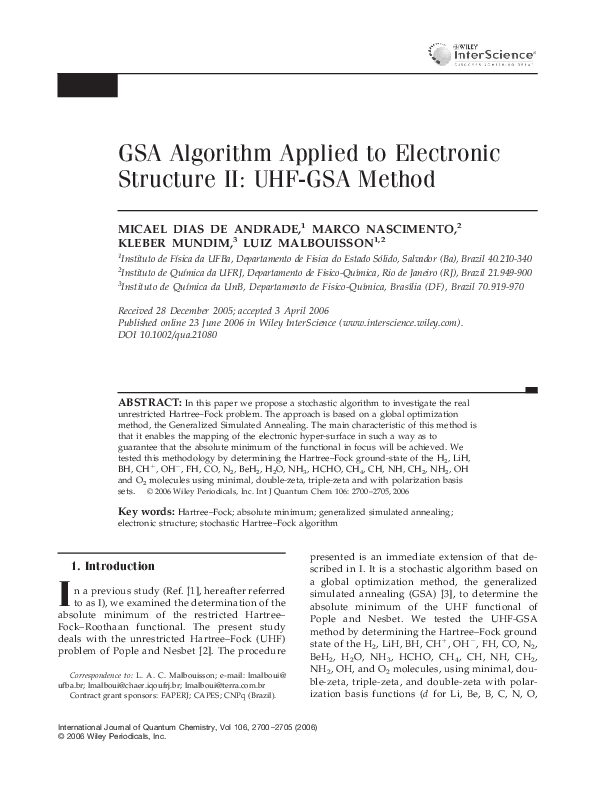 (PDF) GSA algorithm applied to electronic structure: Hartree-Fock-GSA method
