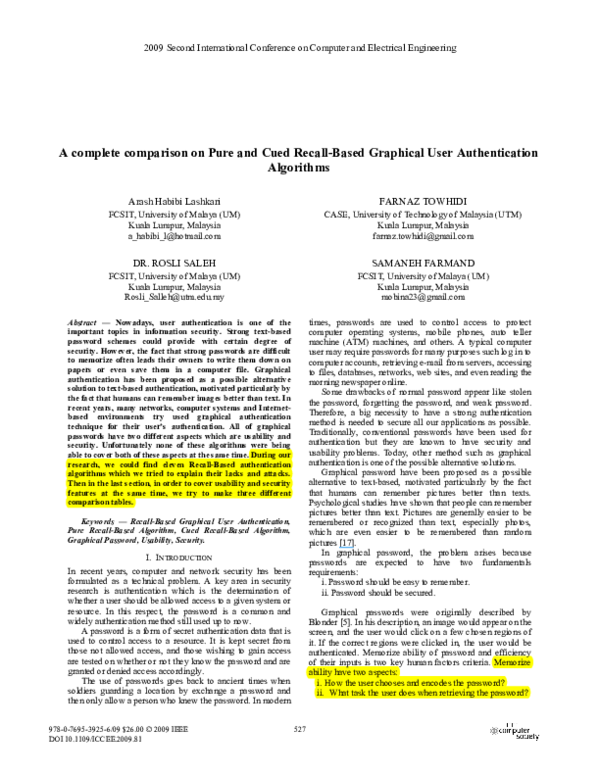 Pdf A Complete Comparison On Pure And Cued Recall Based Graphical User Authentication Algorithms