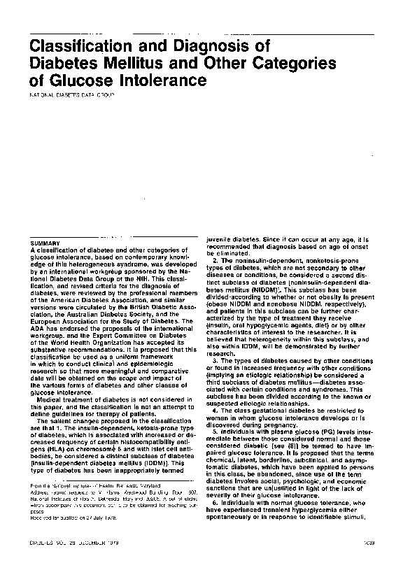 Classification and Diagnosis of Diabetes Mellitus and Other Categories ...