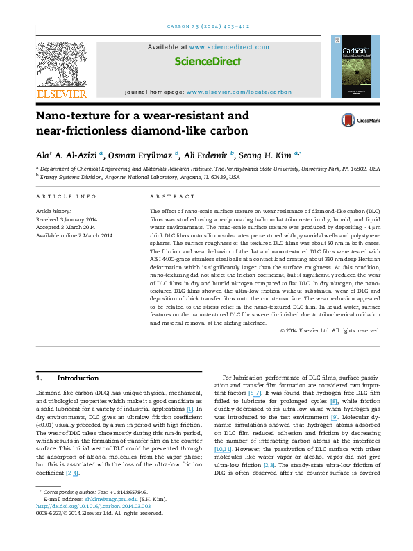 (PDF) Nano-texture for a wear-resistant and near-frictionless diamond ...