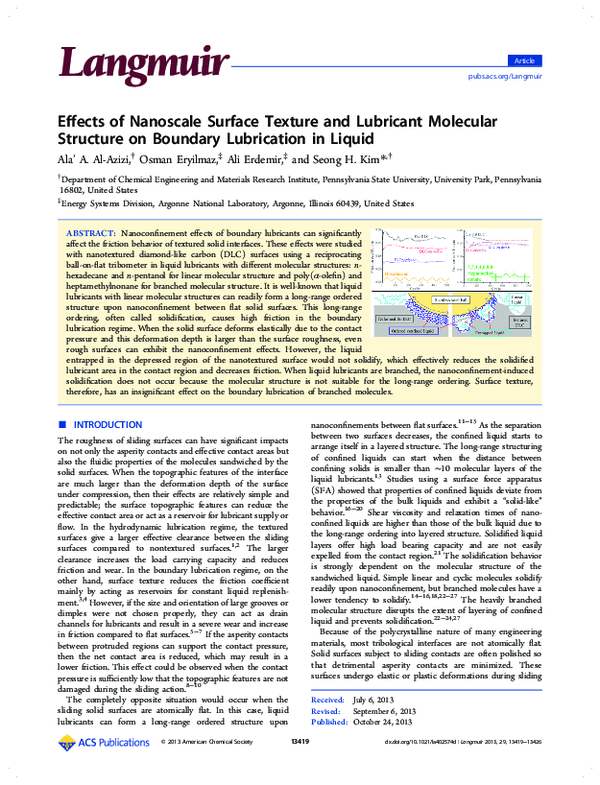 (PDF) Effects of Nanoscale Surface Texture and Lubricant Molecular Structure on Boundary ...