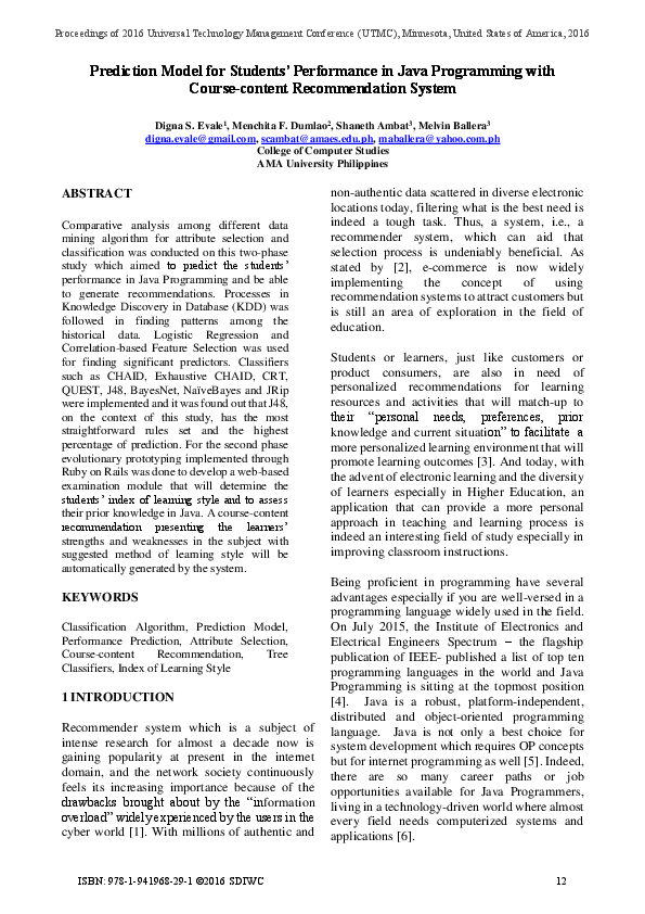Prediction Model for Students’ Performance in Java Programming with Course-content ...