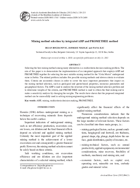 (PDF) Mining method selection by integrated AHP and PROMETHEE method