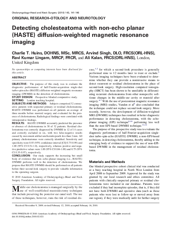 (PDF) Detecting cholesteatoma with non-echo planar (HASTE) diffusion ...