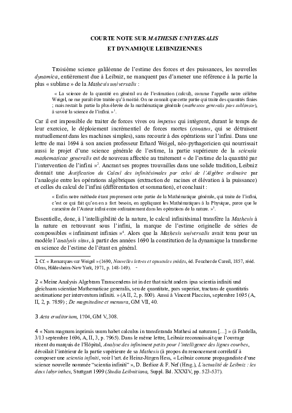 (DOC) COURTE NOTE SUR MATHESIS UNIVERSALIS ET DYNAMIQUE LEIBNIZIENNES