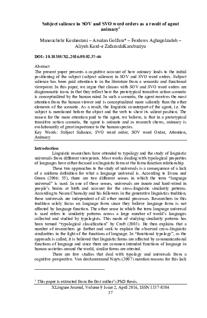 (PDF) Subject Salience in SOV and SVO Word Orders as a Result of Agent ...