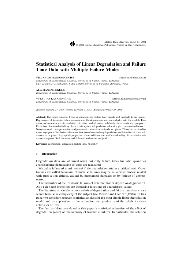 (PDF) Statistical analysis of linear degradation and failure time data with multiple failure modes