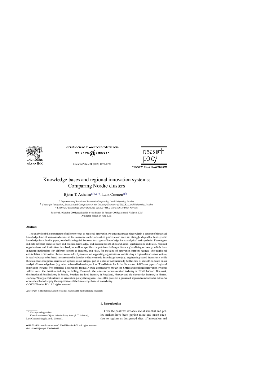 (PDF) Knowledge bases and Regional Innovation Systems: Comparing Nordic Clusters