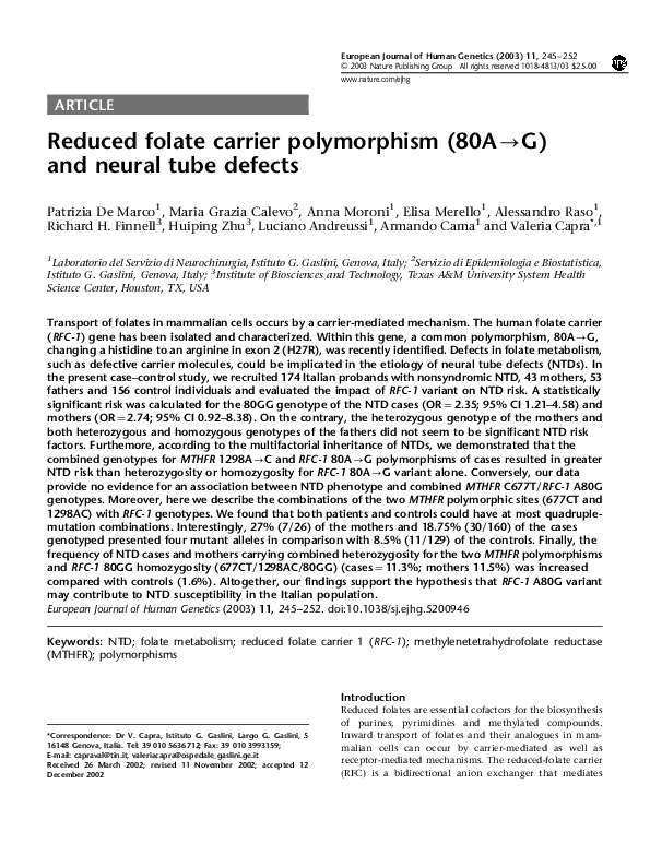 (PDF) Reduced folate carrier polymorphism (80A→G) and neural tube defects