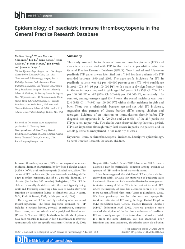 (PDF) Epidemiology of paediatric immune thrombocytopenia in the General ...