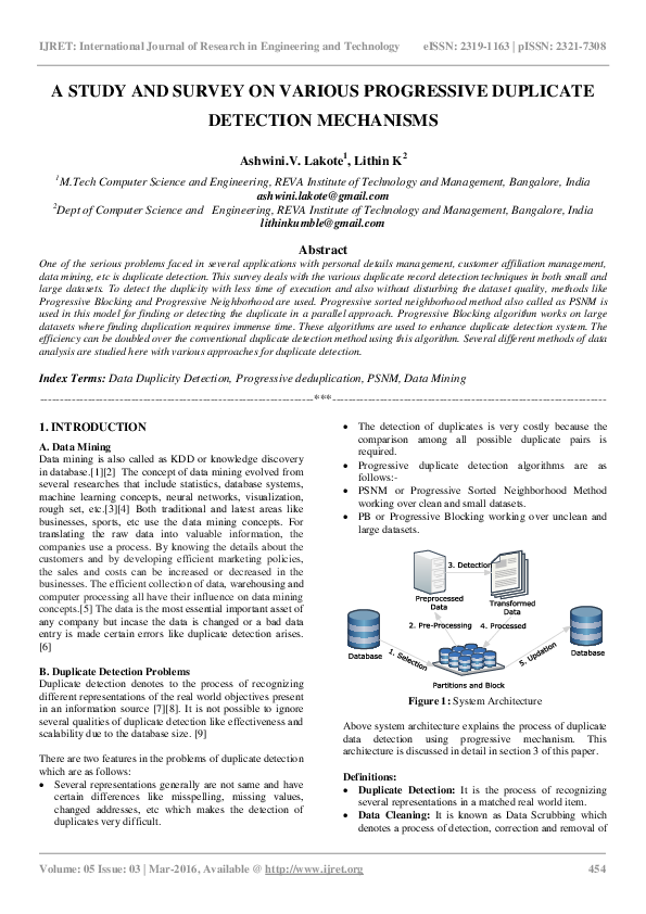 (PDF) A STUDY AND SURVEY ON VARIOUS PROGRESSIVE DUPLICATE DETECTION MECHANISMS