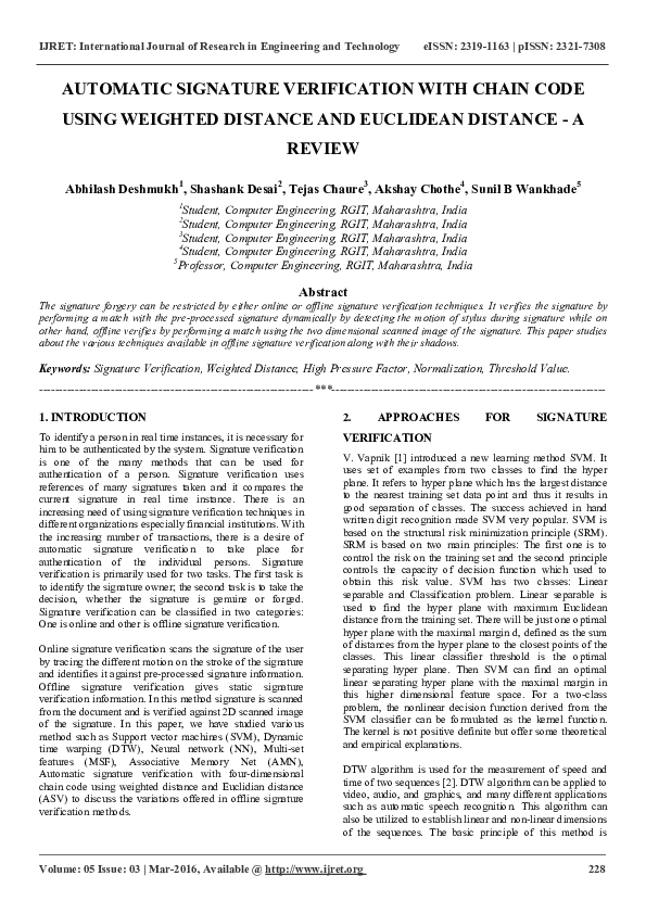 Pdf Automatic Signature Verification With Chain Code Using Weighted Distance And Euclidean